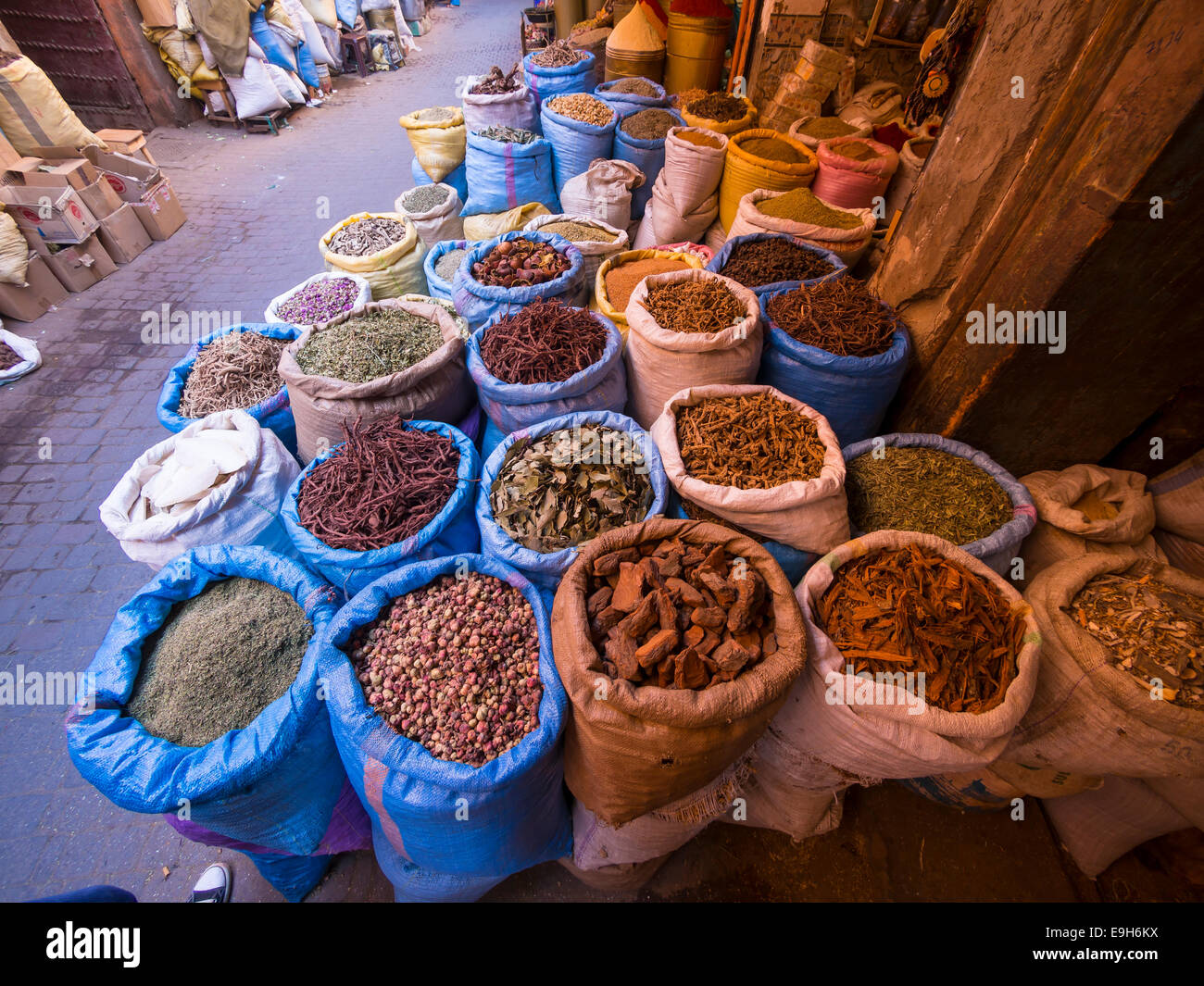 Bags of spices in the historic Medina, Souk, market, Marrakech ...