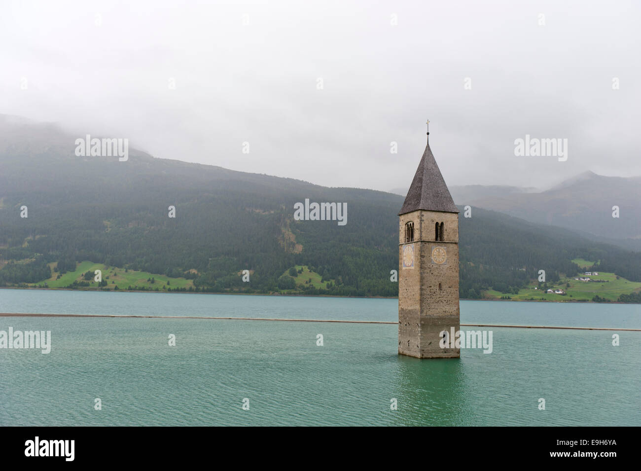 Church tower in the Reschensee lake, Graun im Vinschgau, South Tyrol ...
