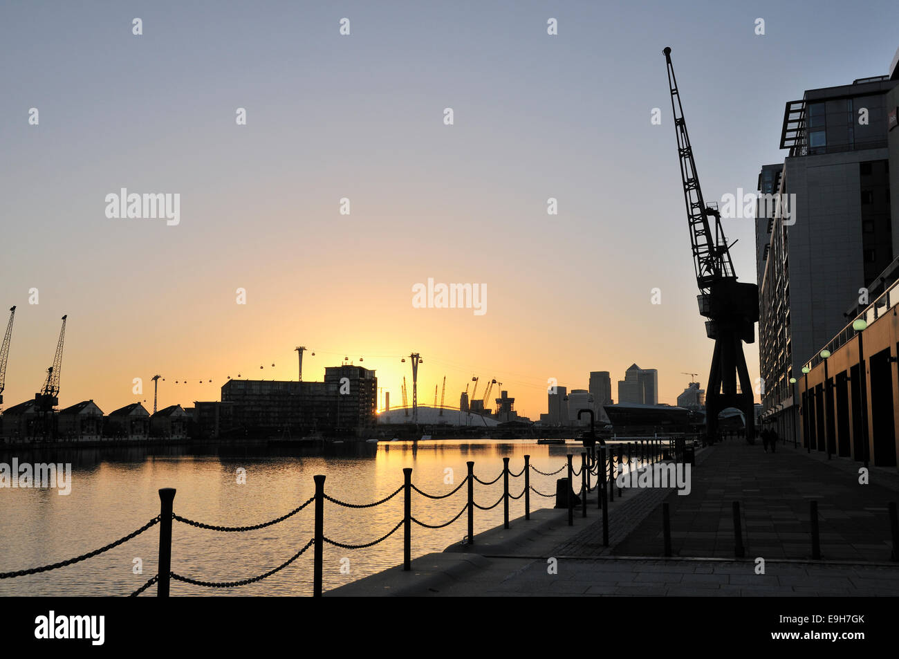 Royal Victoria Dock in London's East End at sundown, looking west ...