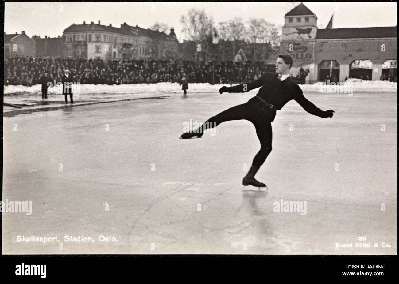 A postcard depicting a winter sports event at Frogner Stadion in Oslo ...