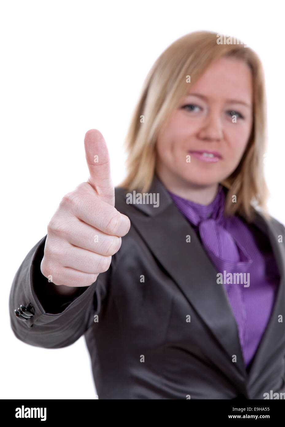 Businesswoman showing thumb's up sign on the white background Stock ...