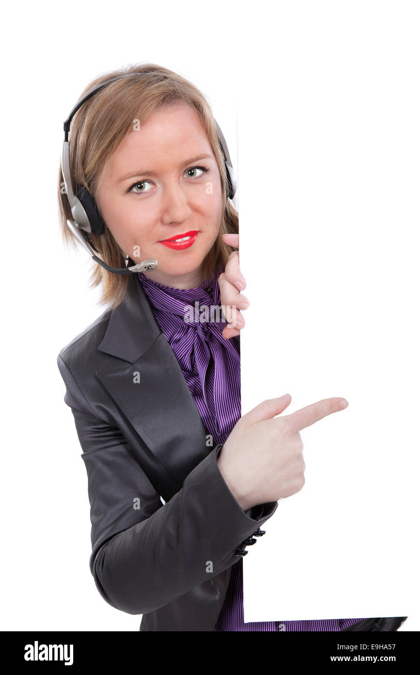 Young woman looking around an edge on the white background Stock Photo ...