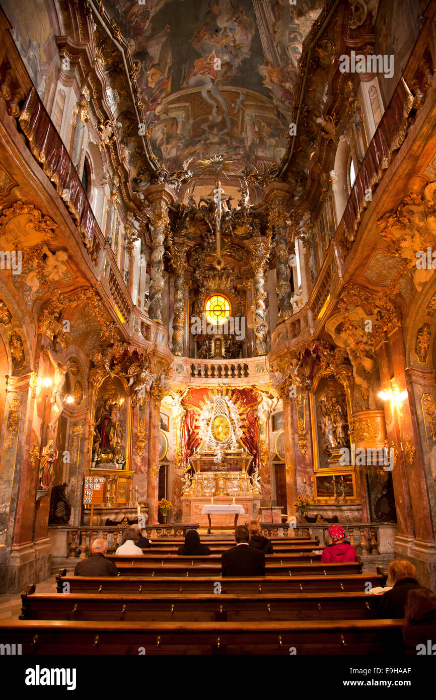 Interior of the late Baroque Asam Church or St. Johann Nepomuk Church ...