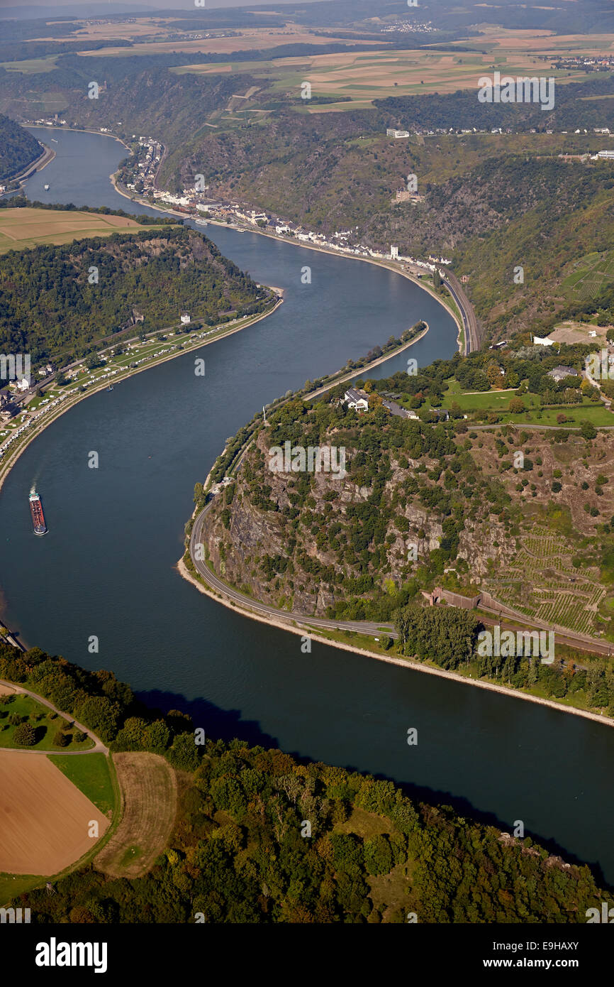 Lorelei rock on the river Rhine, aerial view, St. Goar, Rhineland ...