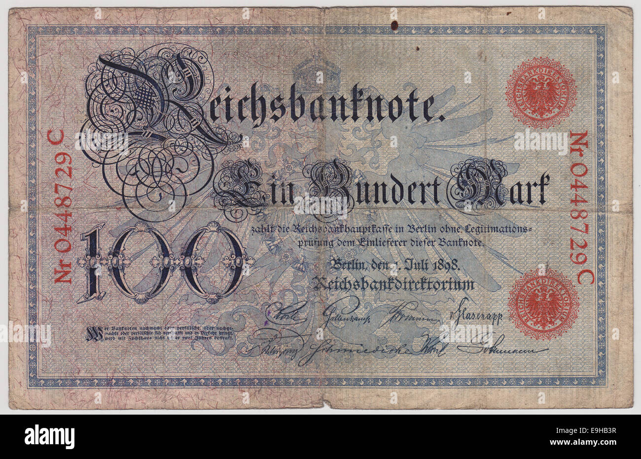 Historical banknote, 100 Mark, front, Reichsbanknote from 1898 Stock ...