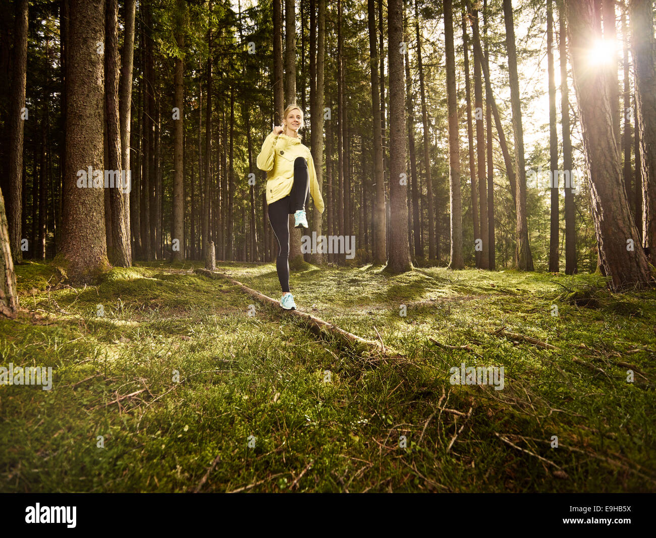 Woman doing fitness exercises on a fallen tree in the forest, Tyrol ...