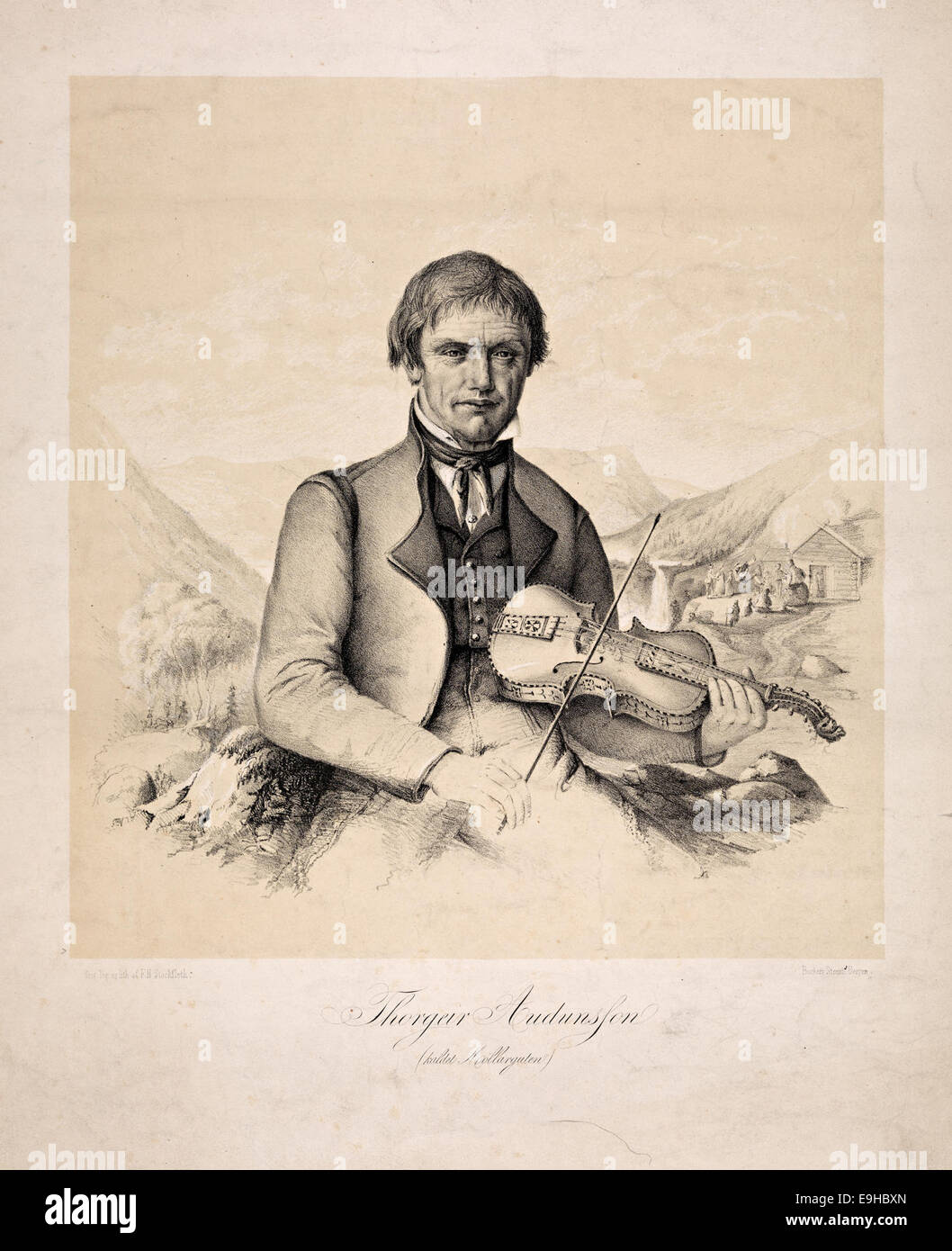This lithograph depicts Thorgeir Audunsson, also known as 'Møllarguten ...
