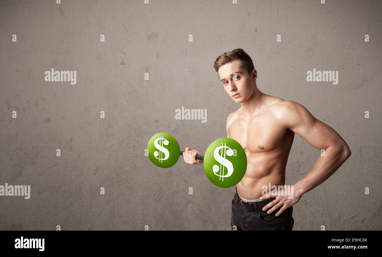 muscular man lifting green dollar sign weights Stock Photo - Alamy