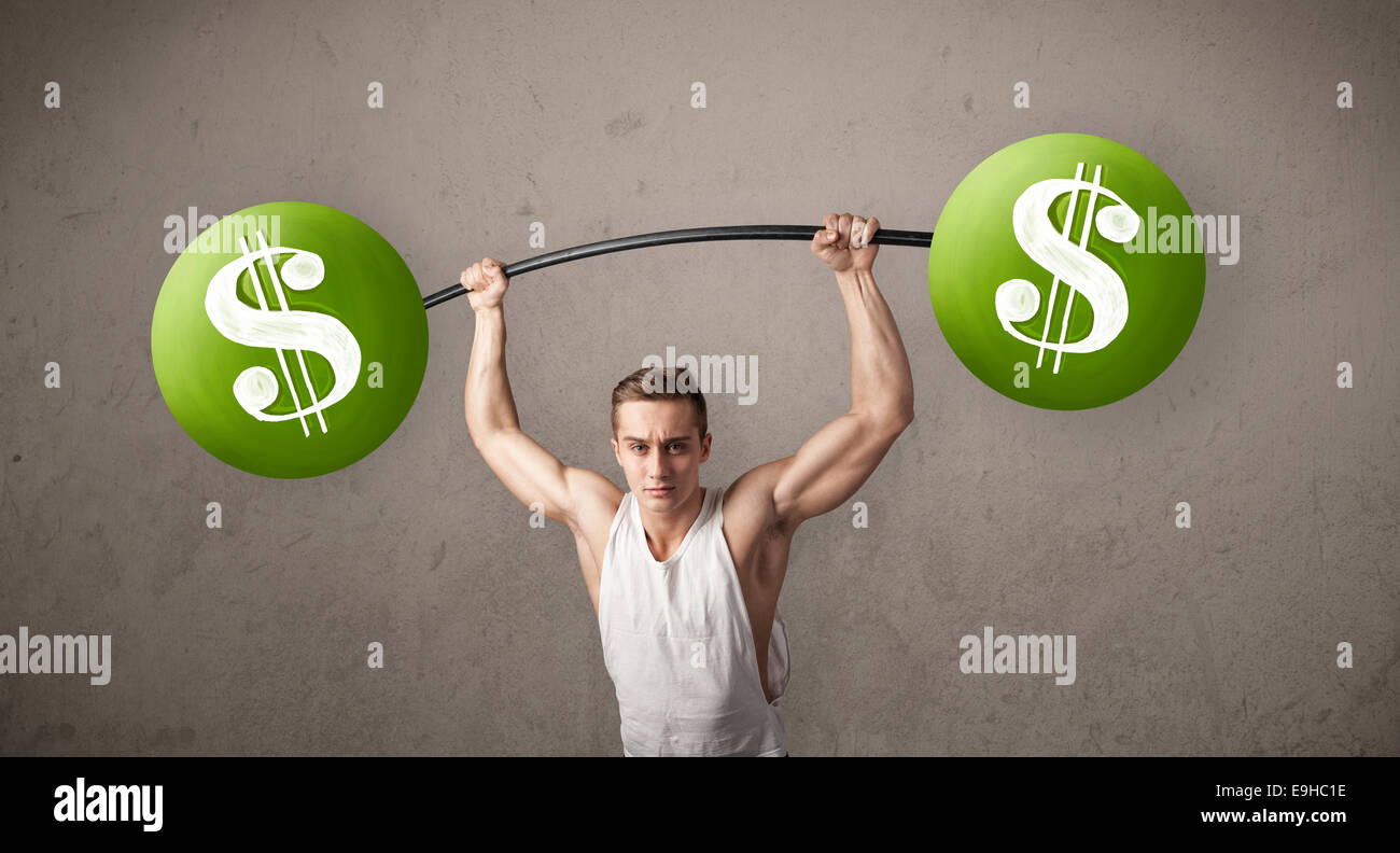 muscular man lifting green dollar sign weights Stock Photo - Alamy