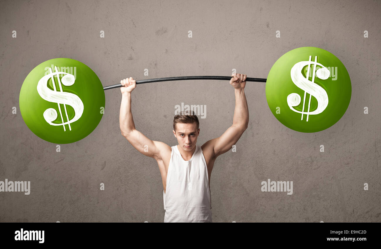 muscular man lifting green dollar sign weights Stock Photo - Alamy