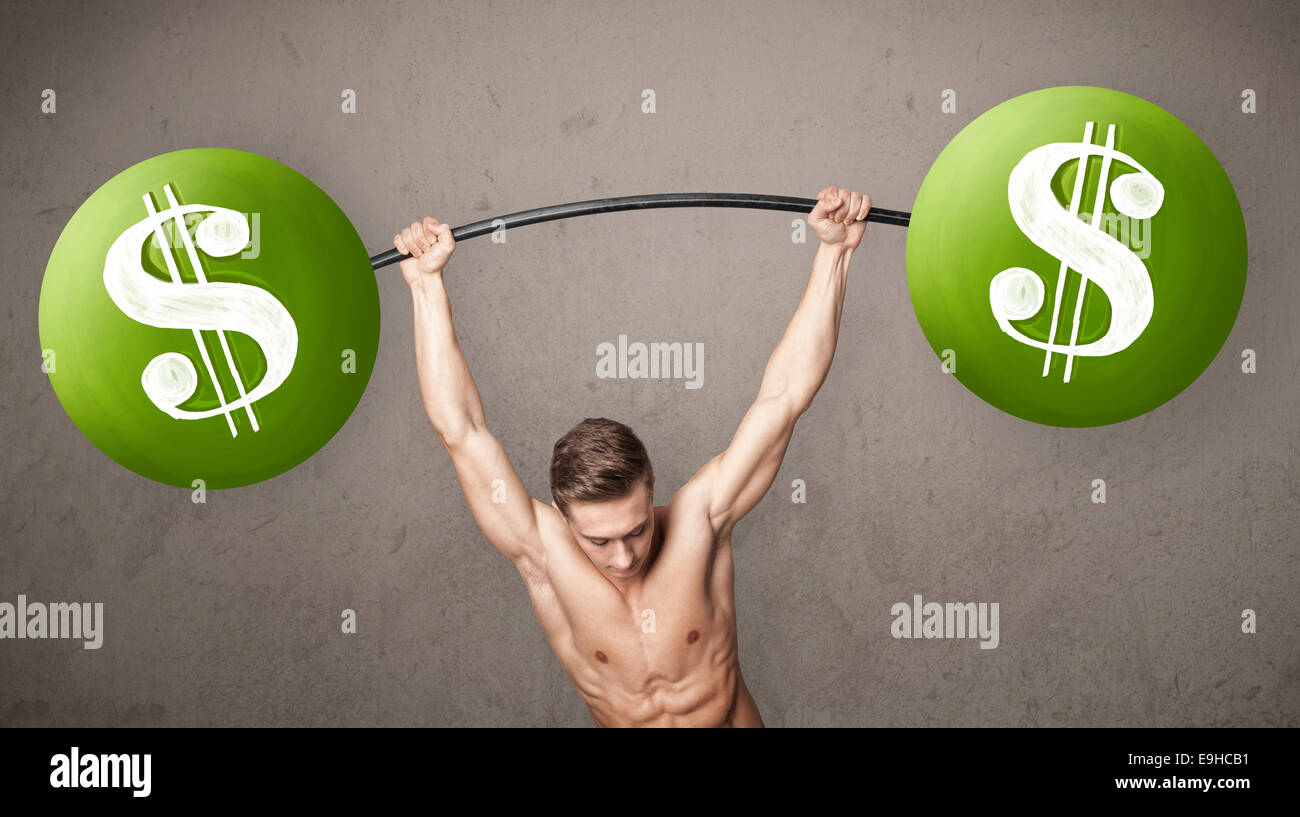 muscular man lifting green dollar sign weights Stock Photo - Alamy