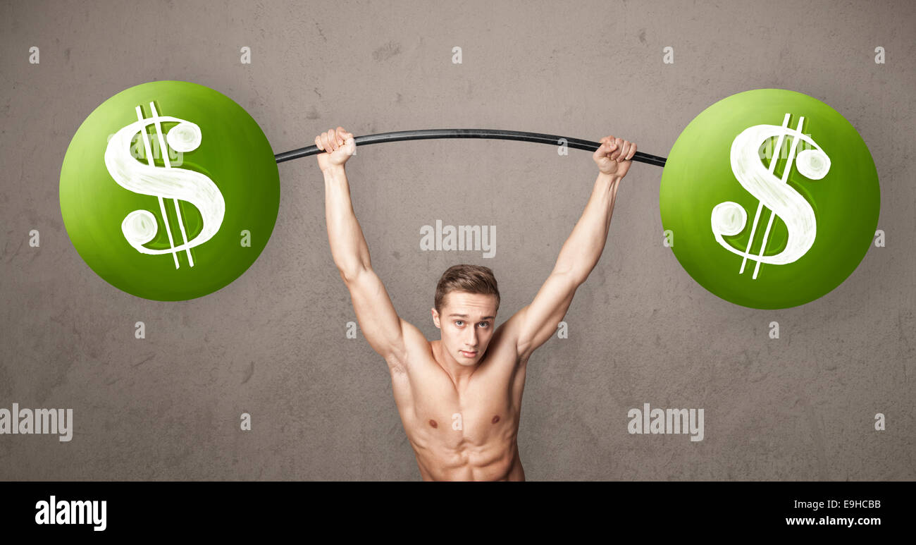 muscular man lifting green dollar sign weights Stock Photo - Alamy