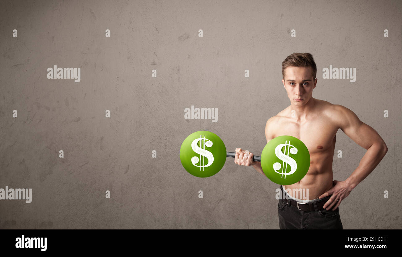 muscular man lifting green dollar sign weights Stock Photo - Alamy