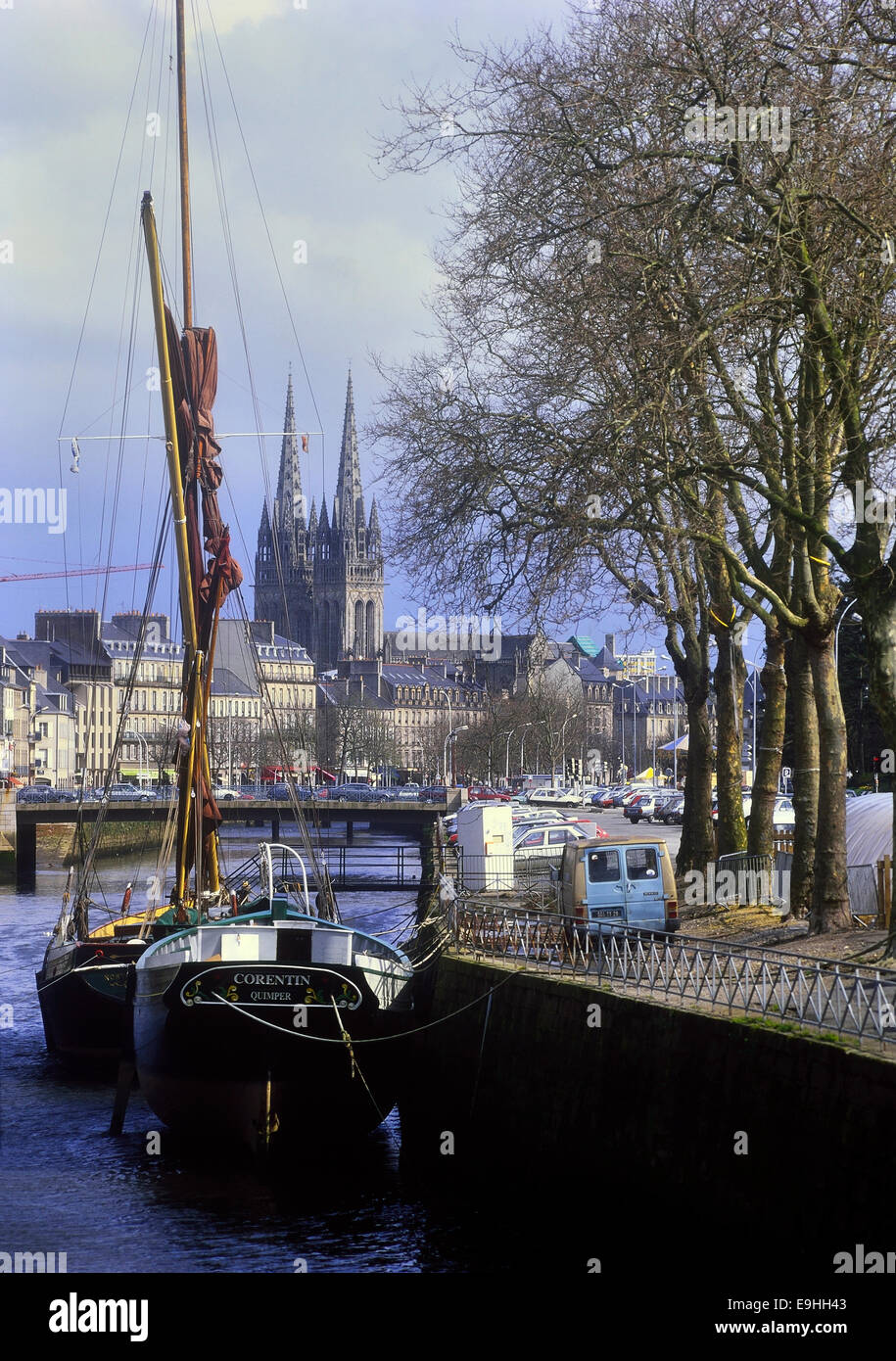 The twin spires of St Corentin Cathedral. Quimper. Brittany. France ...