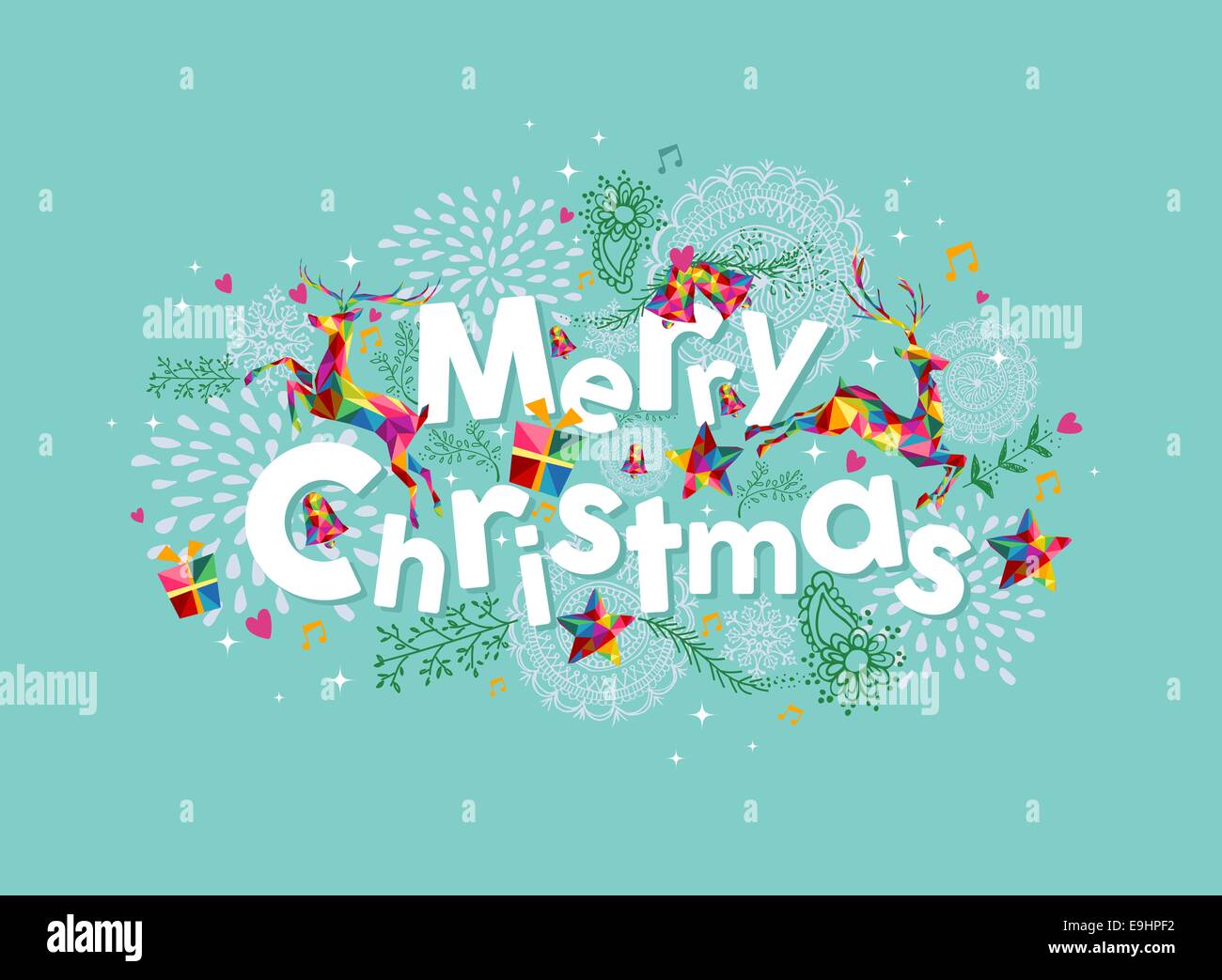 Merry Christmas greeting card with colorful triangle reindeer. Vintage ...