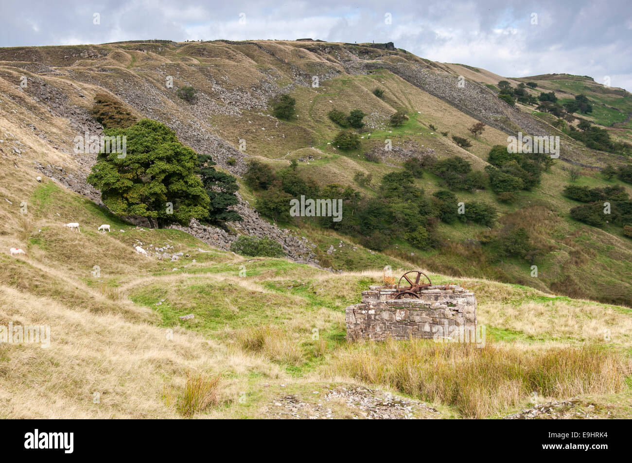 Cracken edge quarries near Chinley in Derbyshire. Winding gear below ...