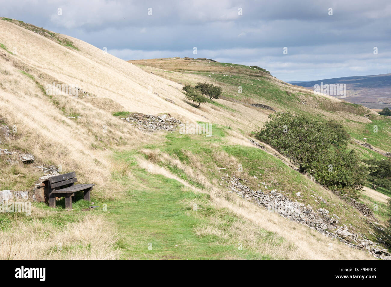Cracken edge quarries near Chinley in Derbyshire. A bench beside the ...