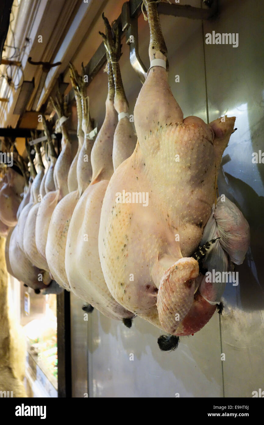 Turkeys hang outside a Butcher's shop in Oxford's covered market ready ...