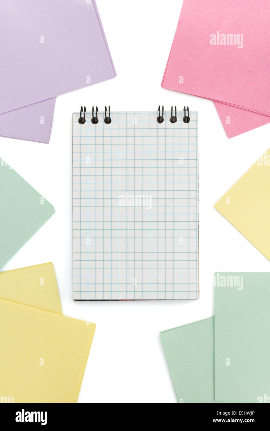 checked notebook and note paper on white background Stock Photo - Alamy