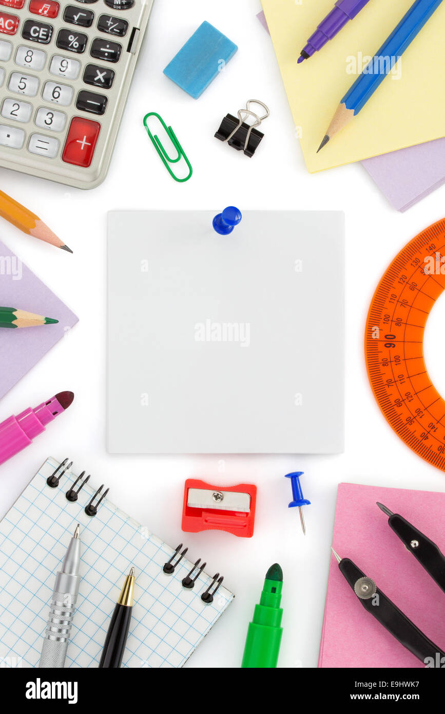 school supplies and note paper on white background Stock Photo - Alamy