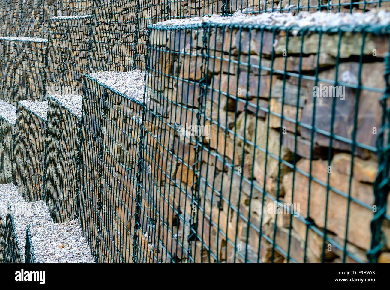 A retaining wall made up of caged stones Stock Photo - Alamy