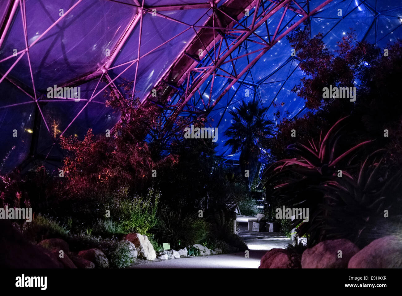 The Eden Project, Cornwall. The spectacular Biomes are illuminated at ...