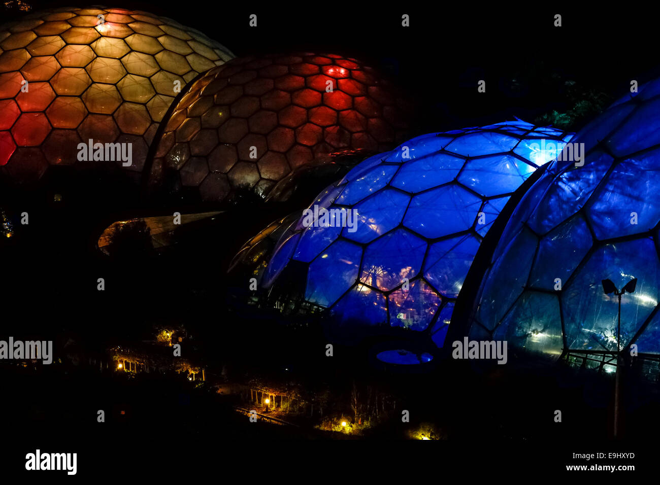 The Eden Project, Cornwall. The spectacular Biomes are illuminated at ...