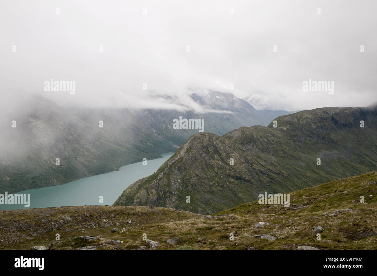 View of Gjende lake and surrounding mountains from the Besseggen ...