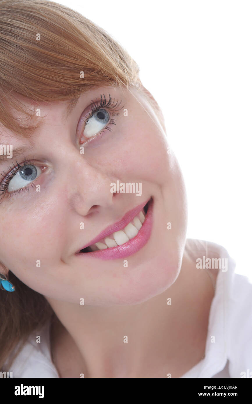 pretty thinking girl in white Stock Photo - Alamy