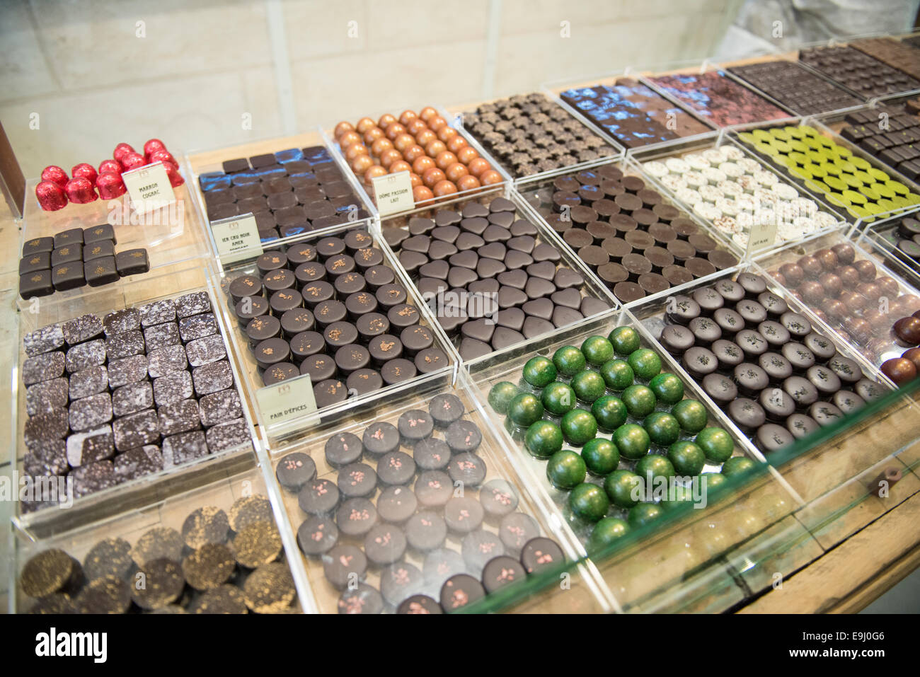 display of specialist chocolate truffles in a french Parisian ...
