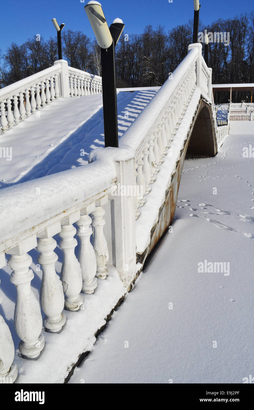 Snow-covered bridge railings through the frozen pond Sunny winter day ...