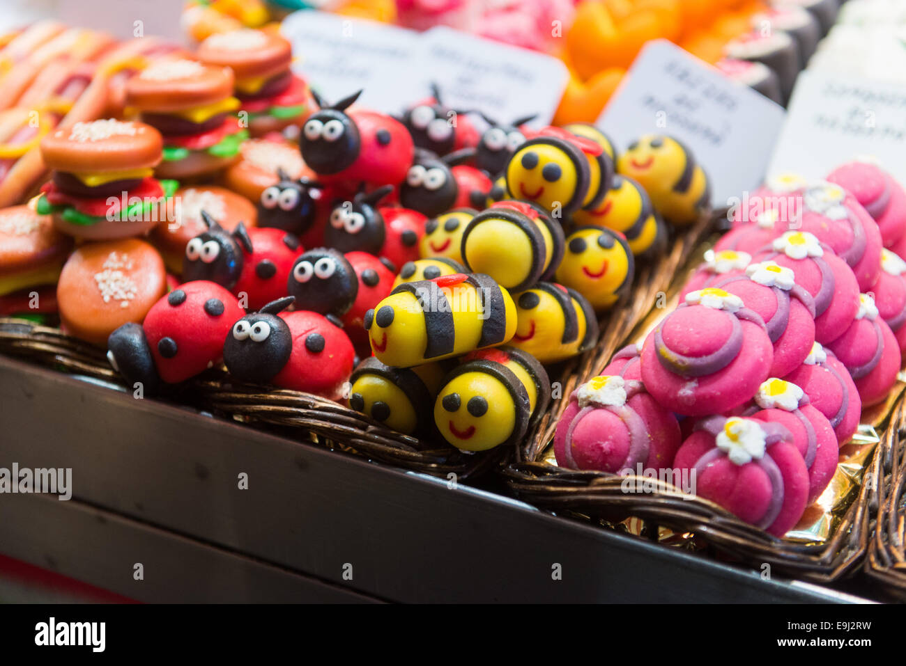 Marzipan sweets in La Boqueria Market in Barcelona, Spain Stock Photo ...