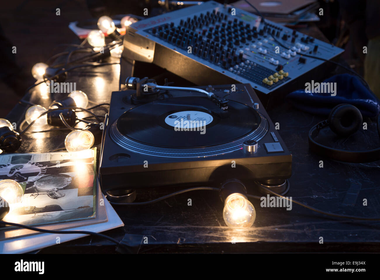 Record player and mixing deck at a big party Stock Photo - Alamy