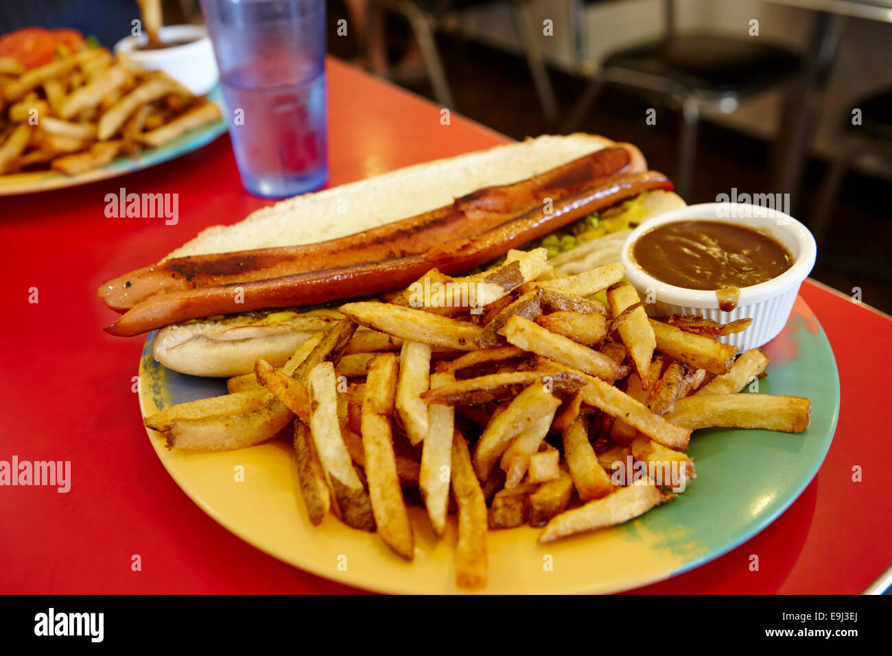 foot long hotdog fries and gravy in a traditional diner Saskatchewan ...