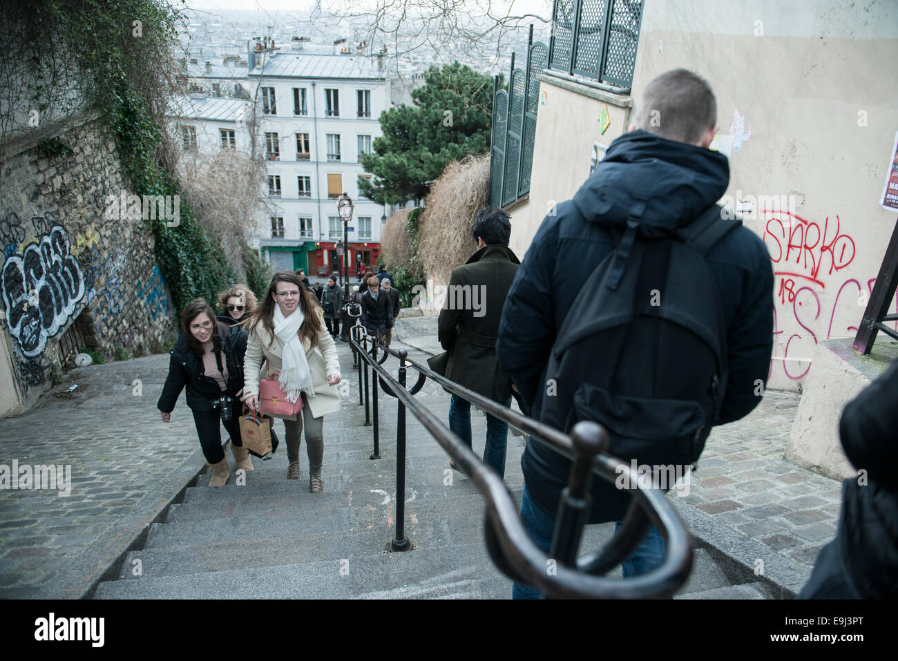 the long stairway going up to Montmartre tourist destination in Paris ...