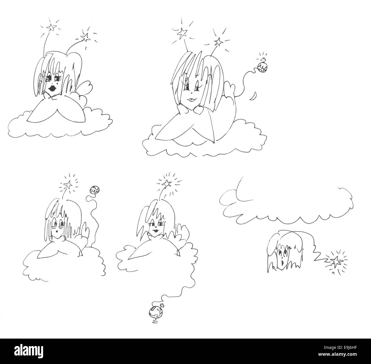 Five angels, original ink sketch cartoon in black and white. Angels ...