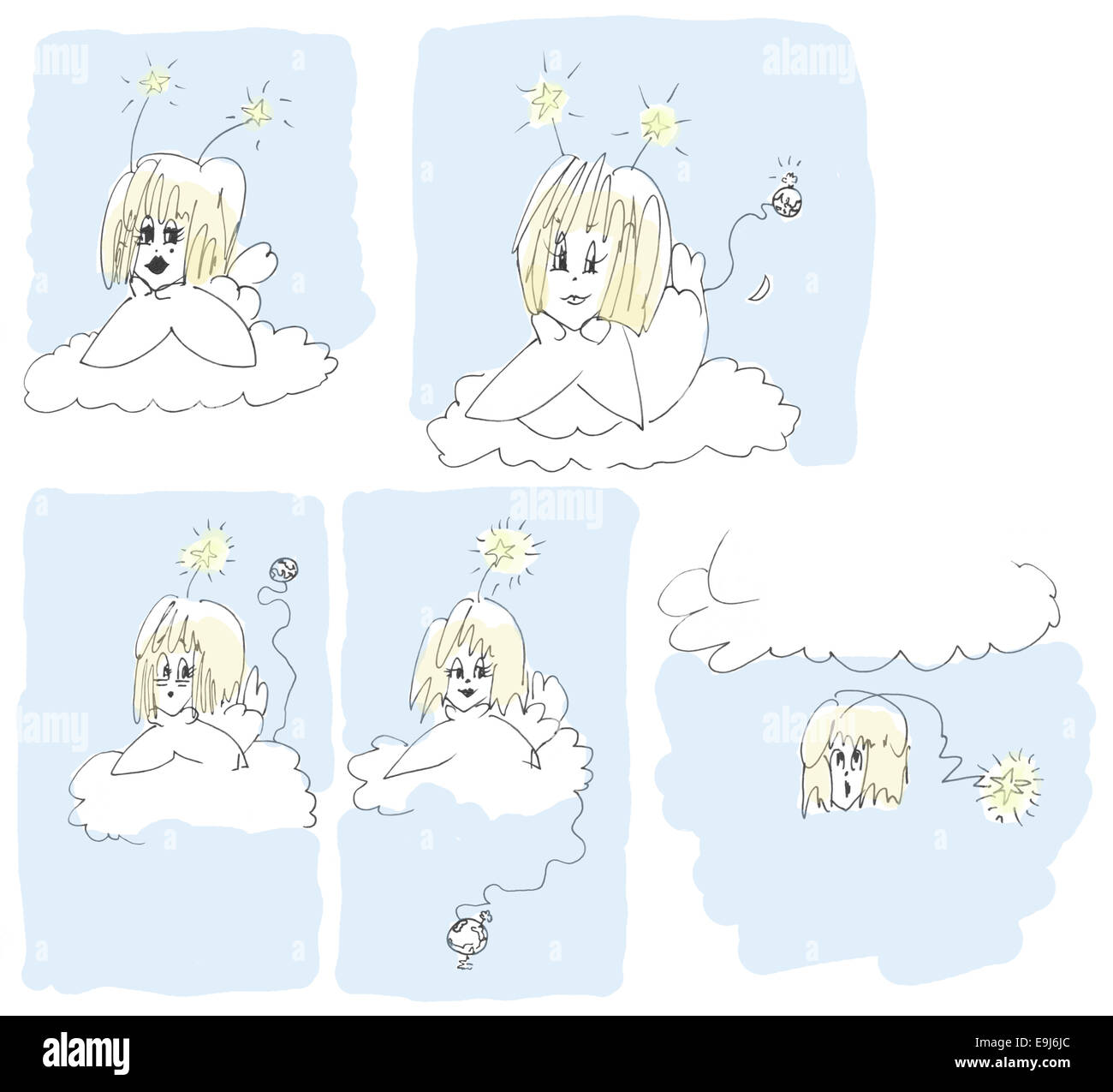 Five angels, original ink sketch cartoon colorized. Angels with ...