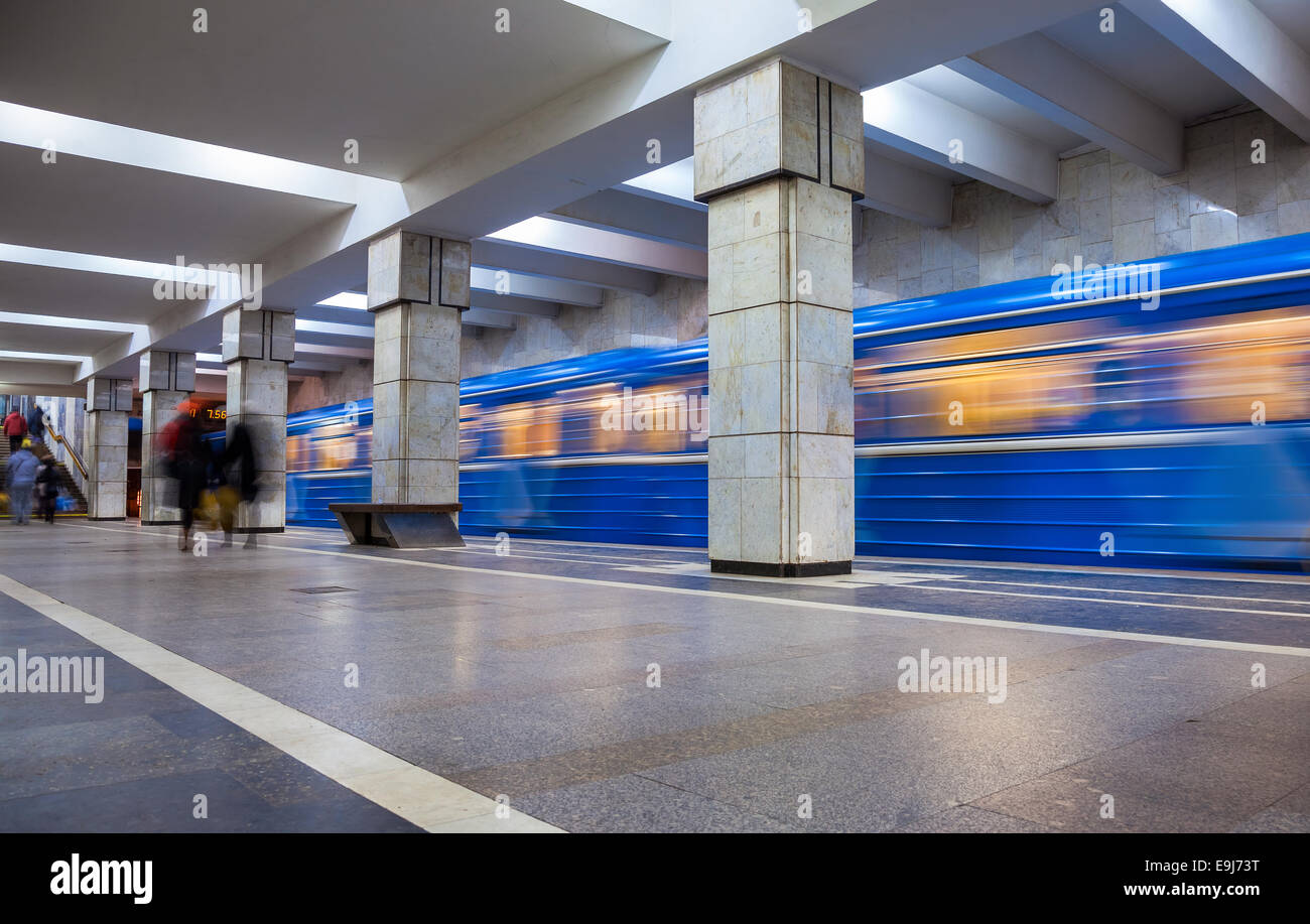 SAMARA, RUSSIA - OCTOBER 25, 2014: Blue train in motion at subway ...