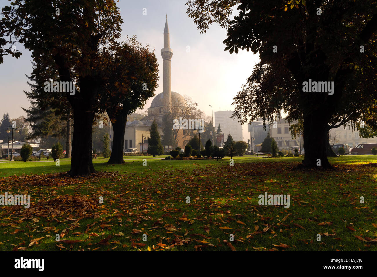 a view of Bitola city park and Ajdar Kadi mosque built 1560 by Sinan ...