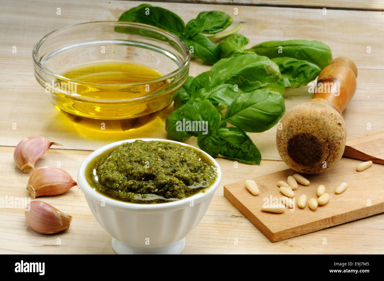 Ingredients for pesto Genovese, green sauce made with basil Stock Photo ...
