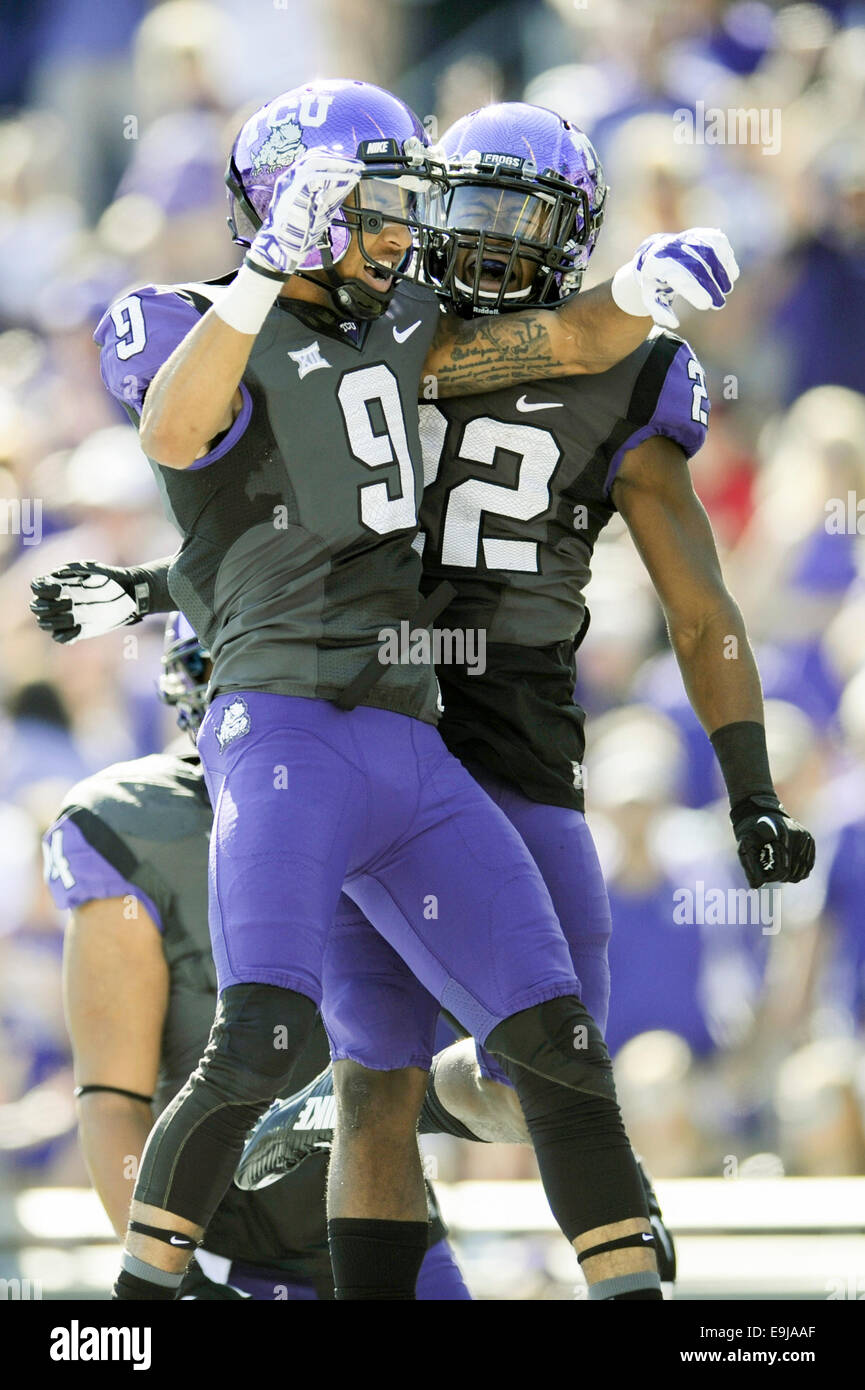 TCU Horned Frogs receiver Josh Doctson (9) celebrates with running back ...