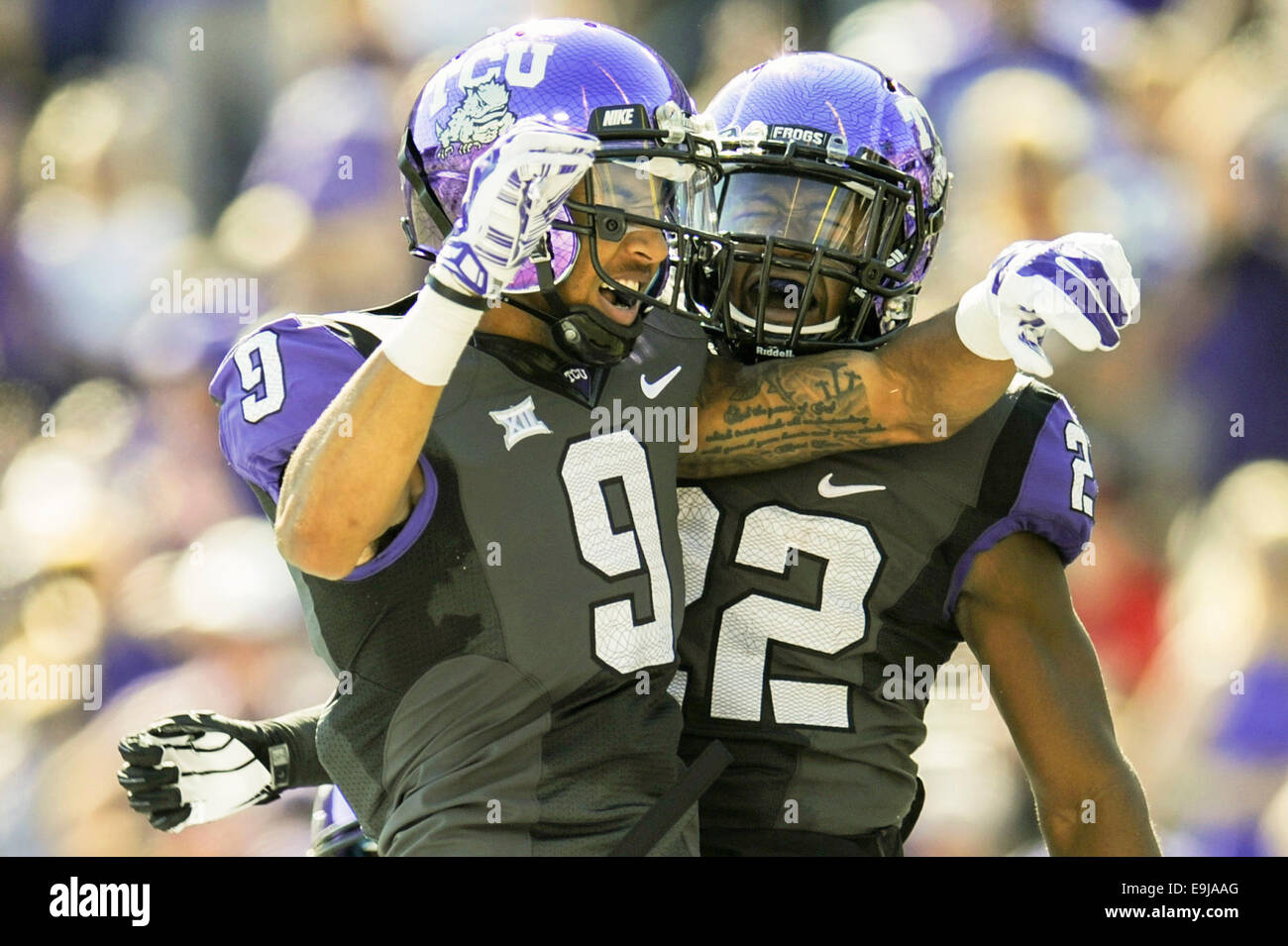 TCU Horned Frogs receiver Josh Doctson (9) celebrates with running back ...