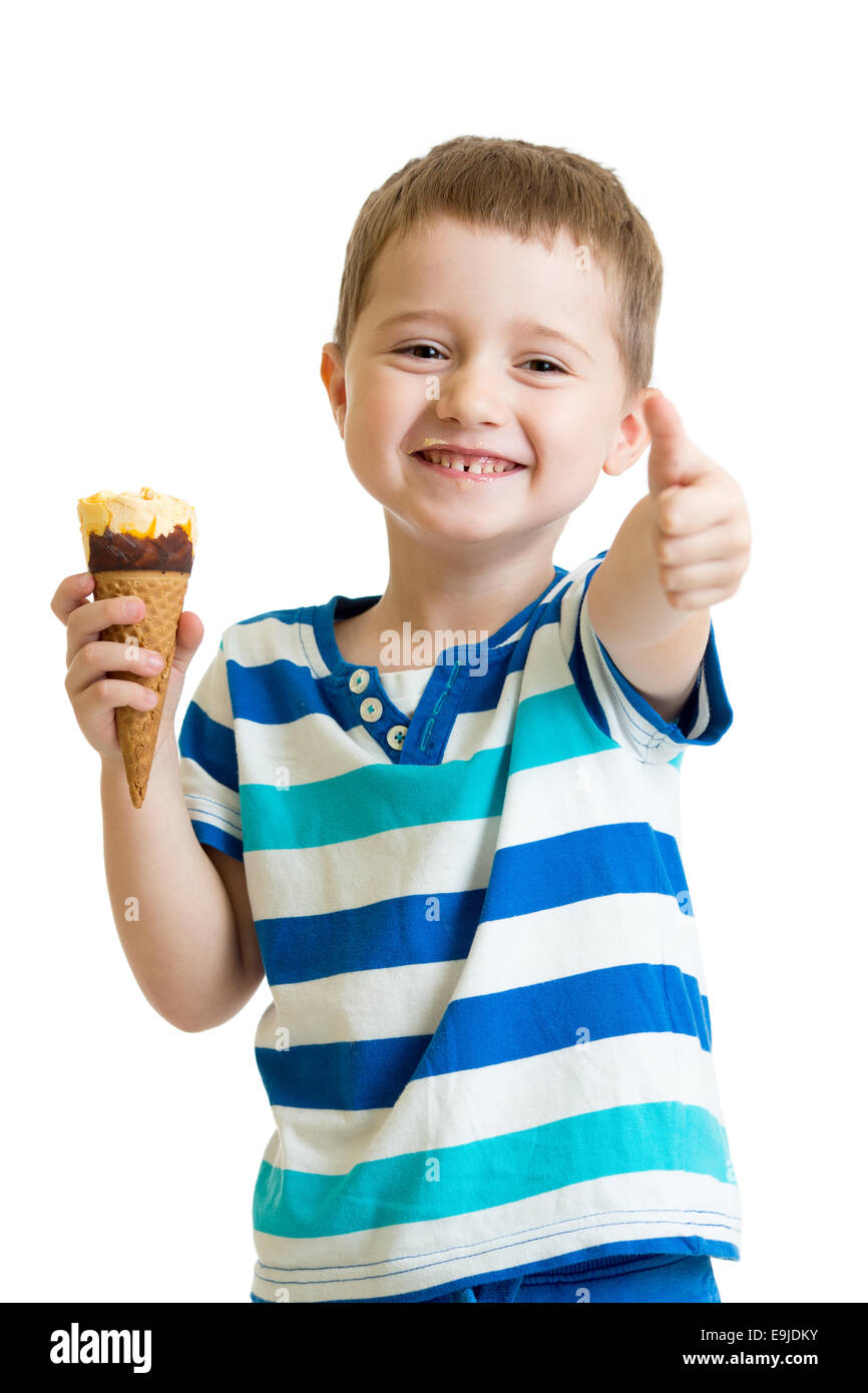 kid eating ice cream and showing okay sign Stock Photo - Alamy