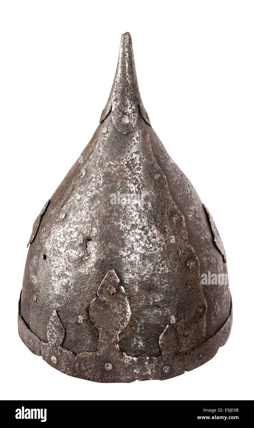 Iron helmet of the medieval knight. Very heavy headdress Stock Photo ...