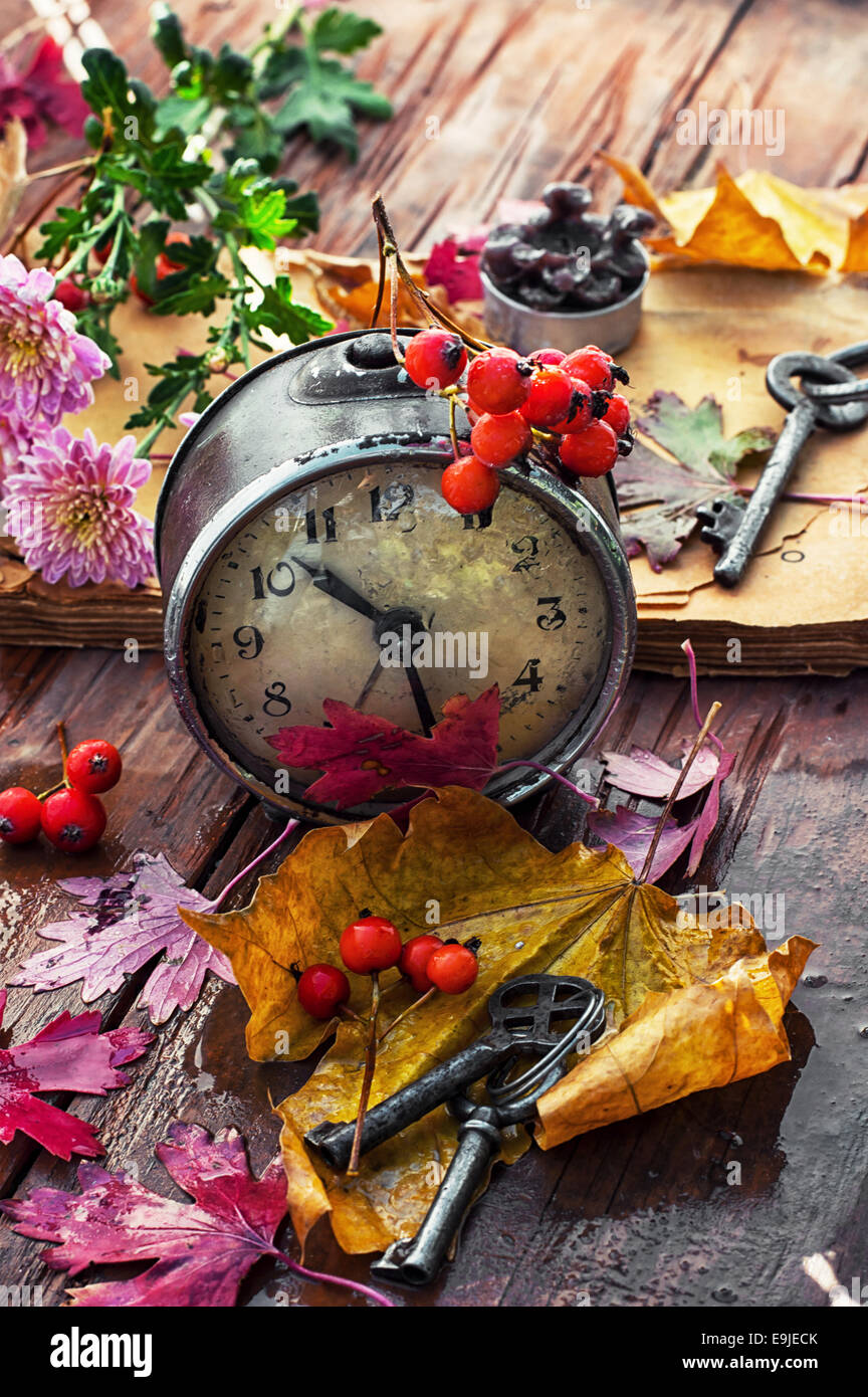 old clock on the background of fallen leaves Stock Photo - Alamy