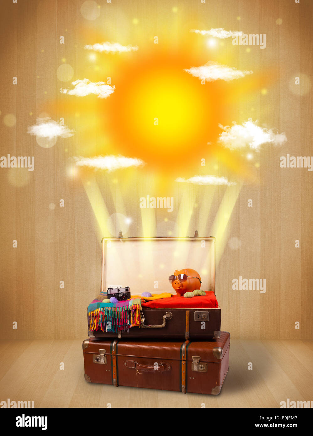 Summer bright sun with clouds and tourist bag Stock Photo - Alamy