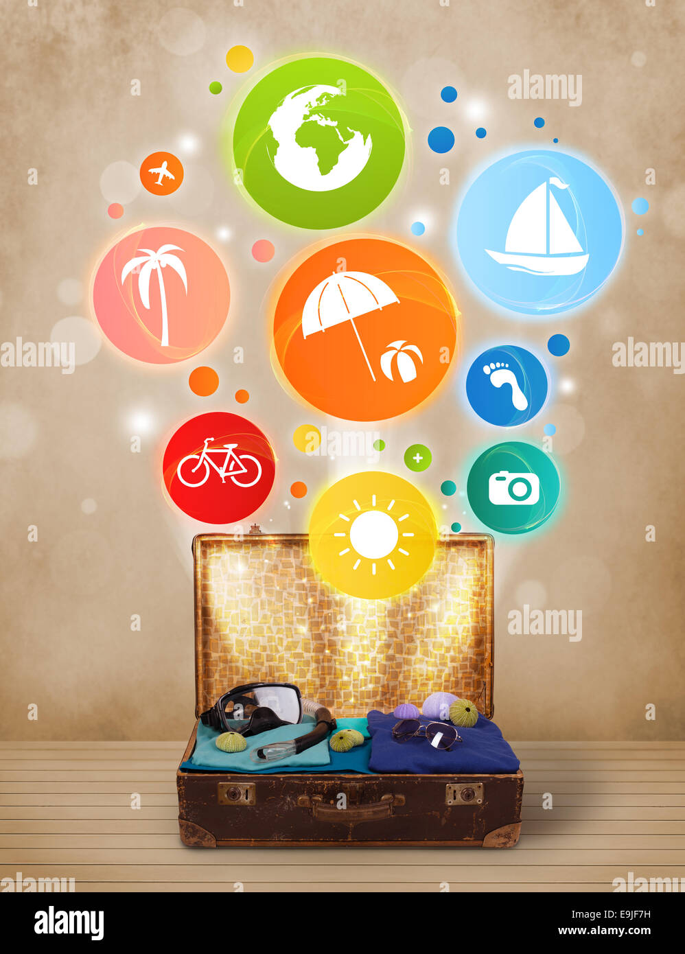 Suitcase with colorful summer icons and symbols Stock Photo - Alamy
