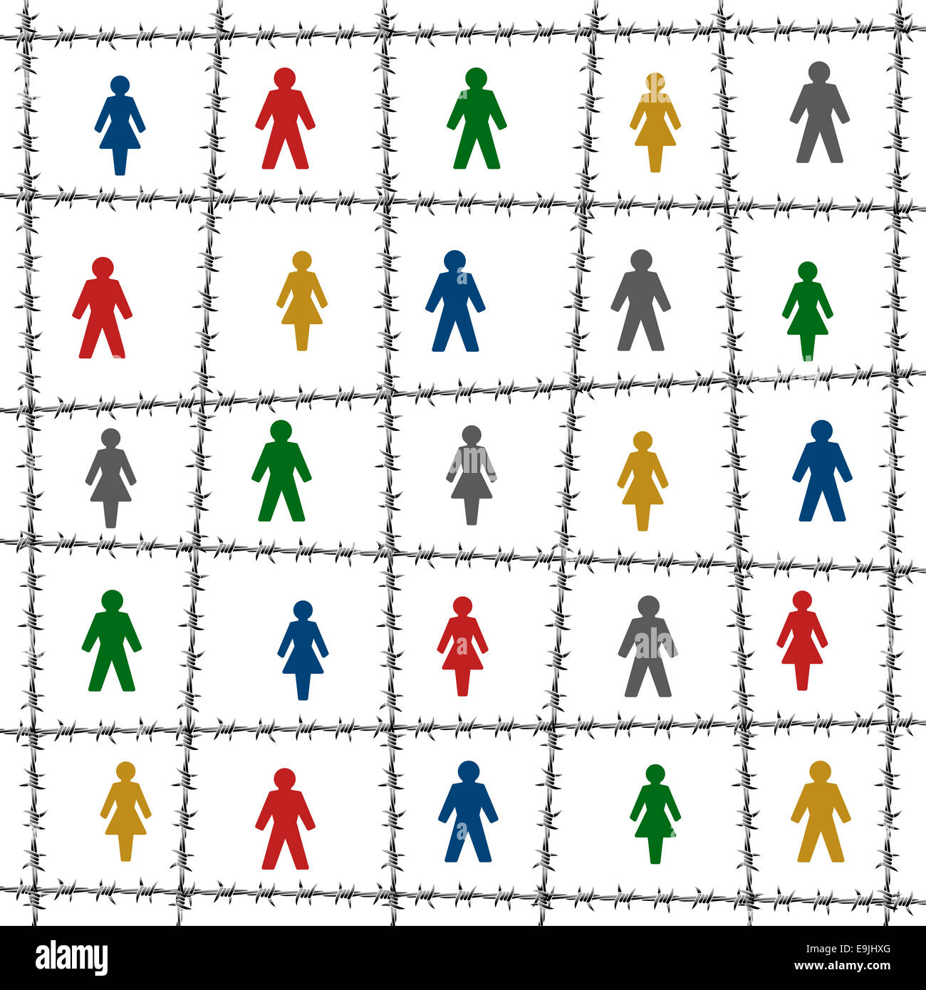 Men and women that are separated by barbwire, as a symbol for ...