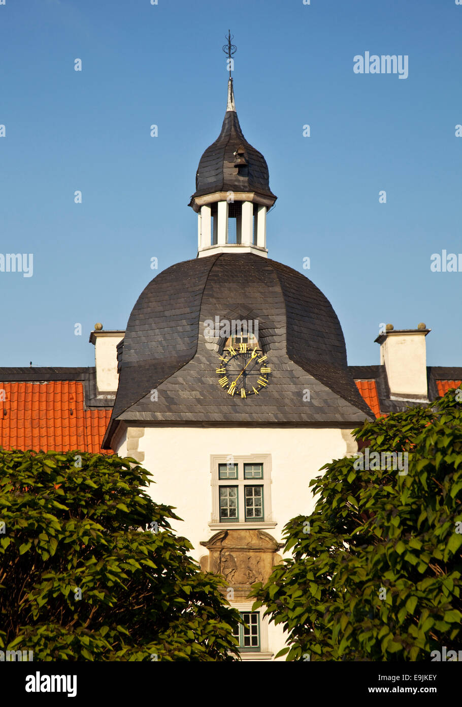 Tower of Haus Rodenberg moated castle, Aplerbeck, Dortmund, North Rhine ...