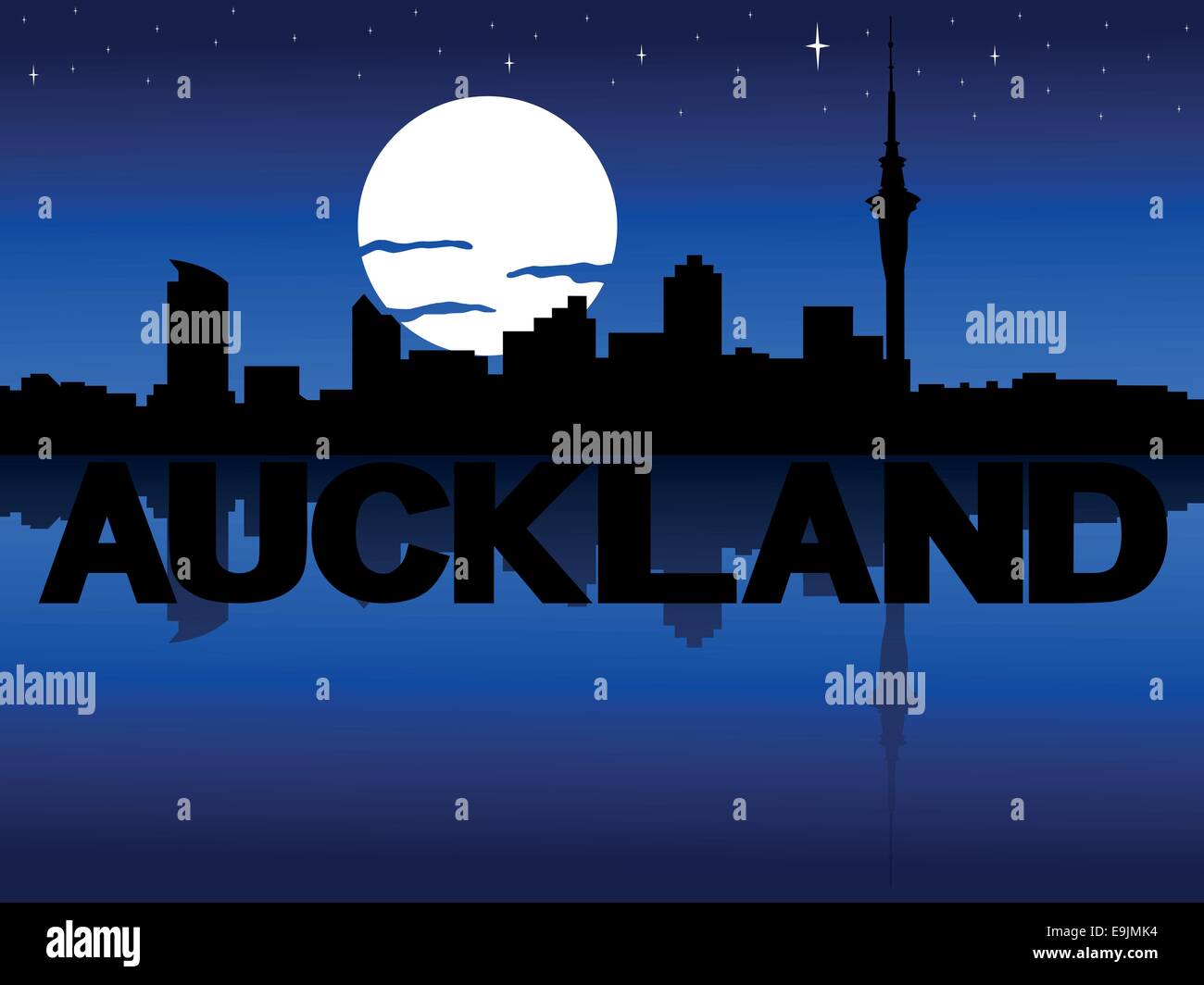 Auckland skyline reflected with text and moon vector illustration Stock ...